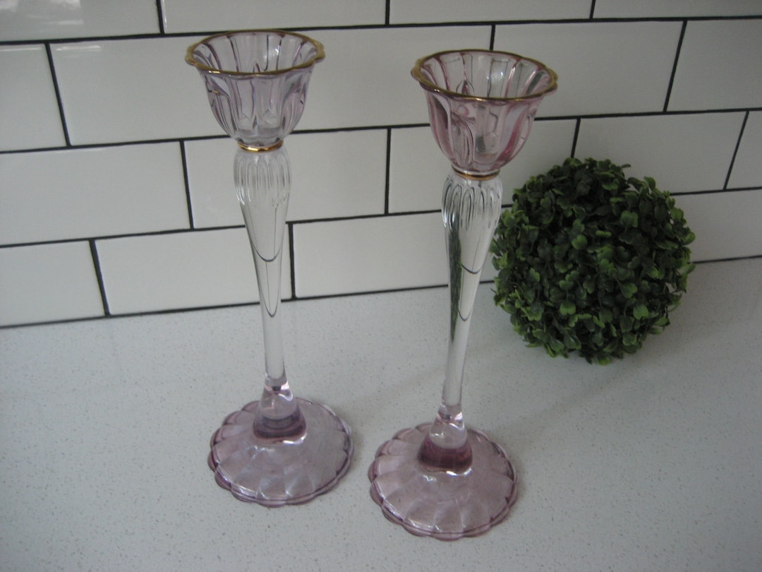 CHOICE 11" Vintage Crystal Candlesticks Gold Gilding Scalloped Base ...