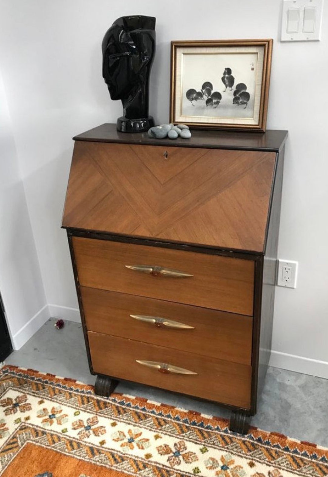 Antique Secretary Writing Desk Gorgeous Veneer Metal Bakelite Handles ...