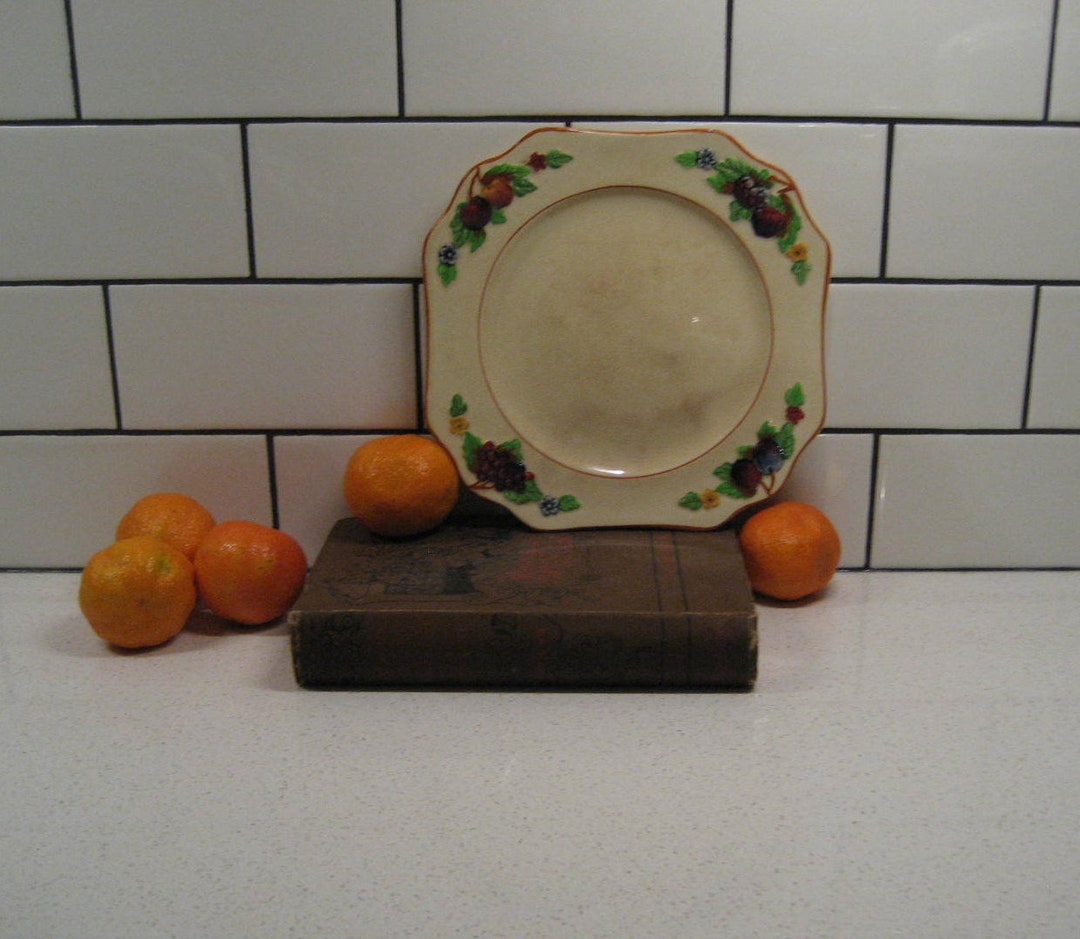 Almost Antique Devon Ware Square Plate Rd 738448 Embossed Raised Fruits ...