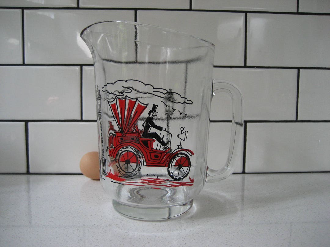 Vintage Motor Car Pitcher Antique Cars Lamposts Clouds Stylized Red ...
