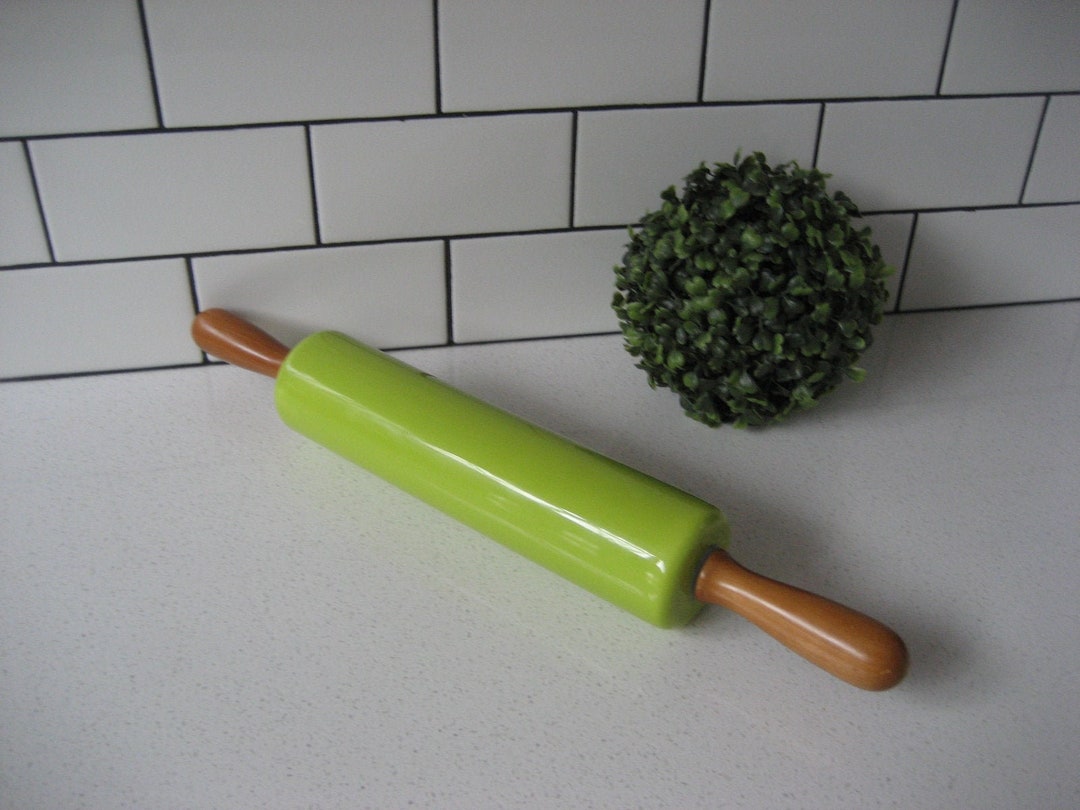 18” Vintage Lime Green Ceramic Rolling Pin Wood Handles Counter Art ...