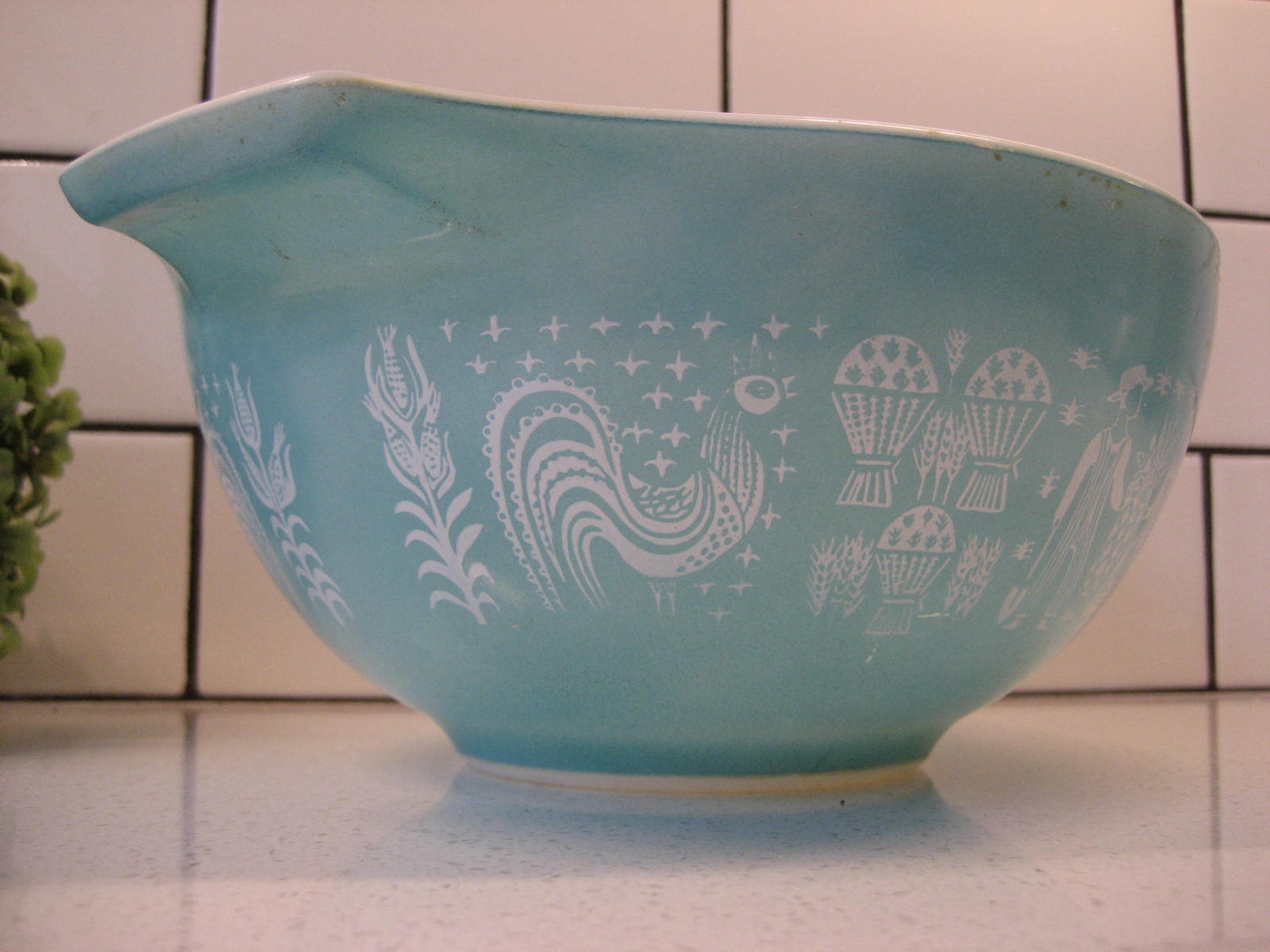 Vintage Cinderella Pyrex Aqua Mixing Bowl Backyard Chickens Roosters ...