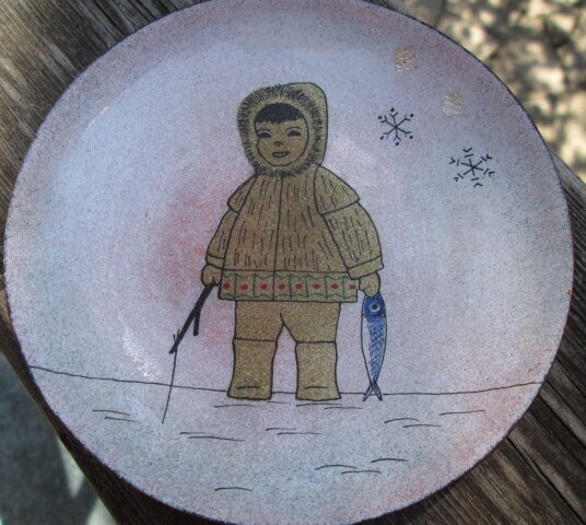 Enamel on Copper Dish Inuit Boy With Fish Mid Century Eskimo - Etsy