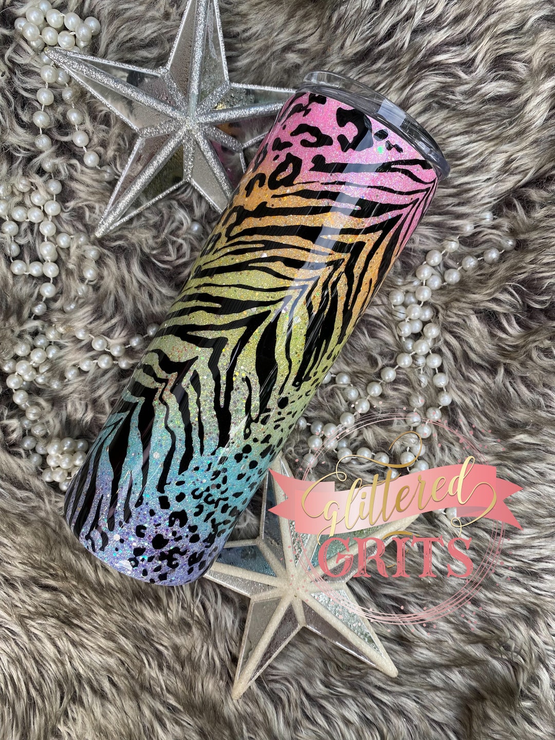 Neon Rainbow Animal Print Leopard Print Glitter Tumbler - Etsy