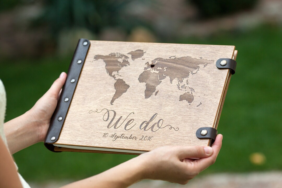 Wood World Map Guest Book, Rustic Guest Book Wedding, Personalized Book ...