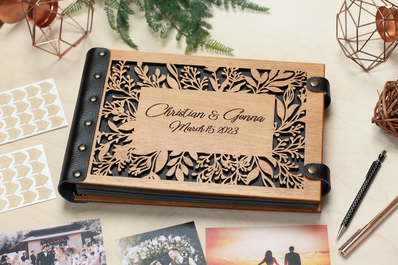 Wooden Photo Album With Carved Flowers and Engraved Names and - Etsy