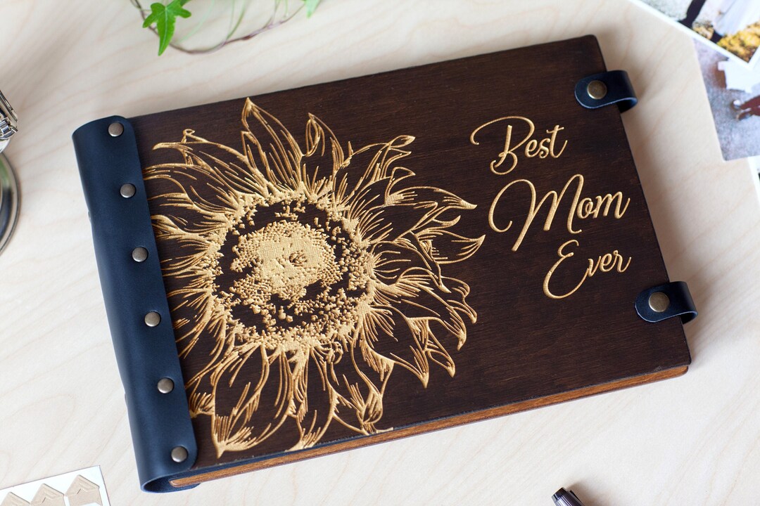 Sunflower Photo Album: Engraved Wooden Album, Black Leather Binding - Etsy