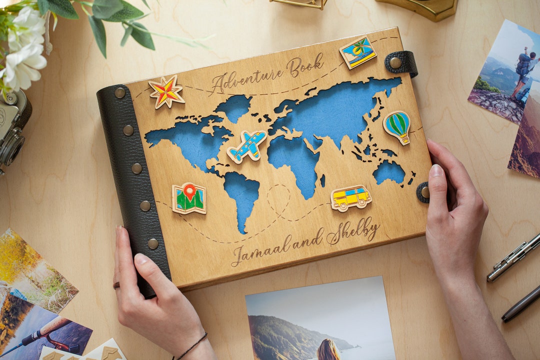 Custom Wooden Photo Album With World Map Design, Unique Honeymoon Album ...
