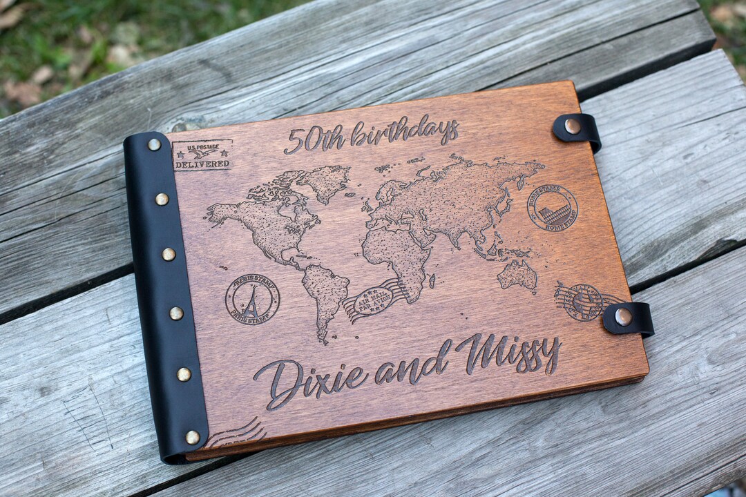 Personalized Photo Album World Map Engraving, Custom Wood Adventure ...