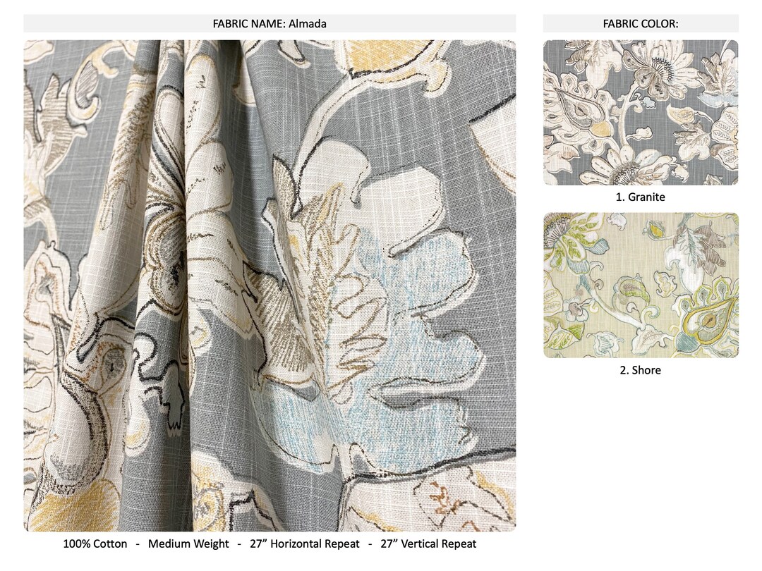 Almada 2 Colors Abstract Jacobean Floral Flower Gray Ivory Green Cotton ...