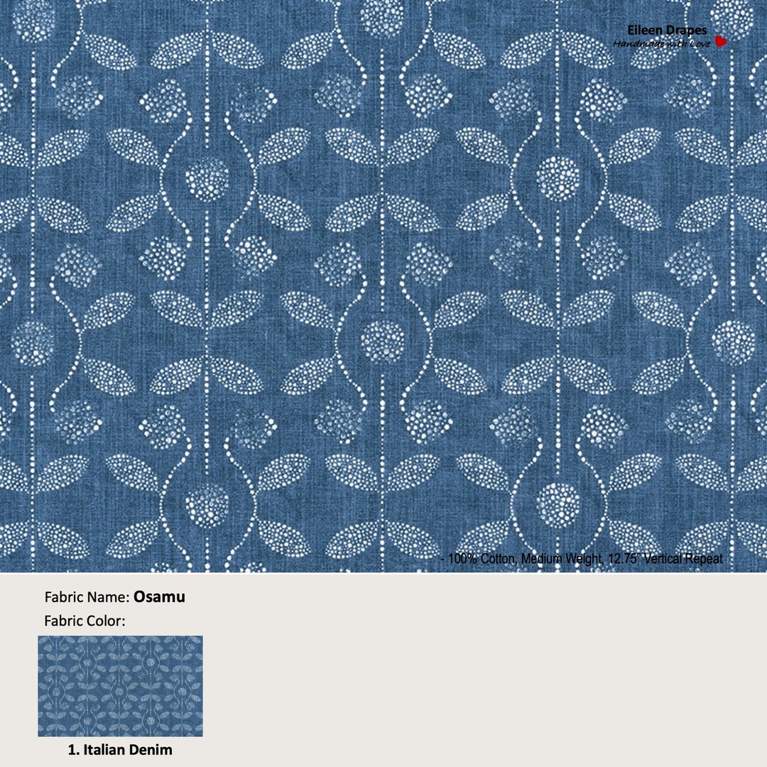 Osamu; Color Italian Denim; Stripe Flower Leaf Blue; Cotton Curtain ...