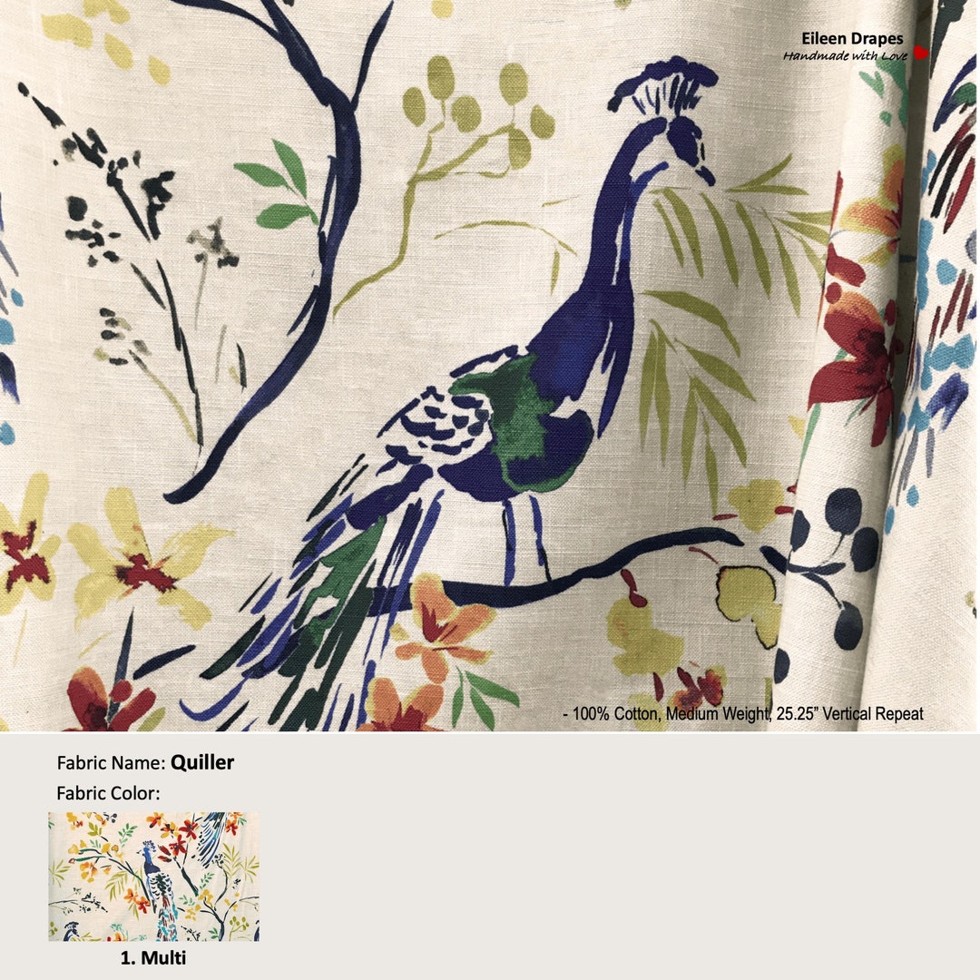 Quiller Color Multi Watercolor Peacock Bird Floral Cotton Curtain ...