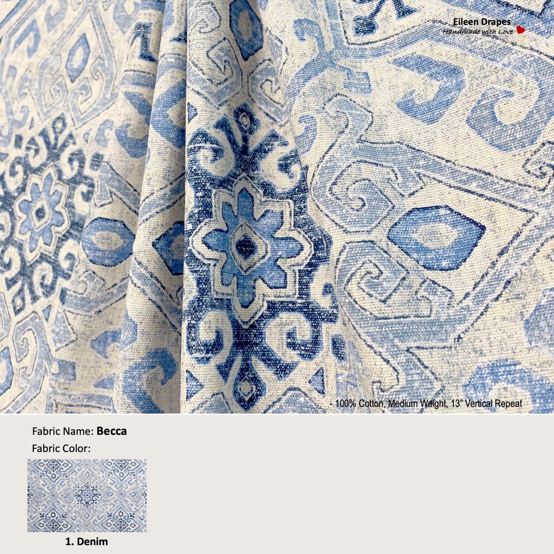 Becca; Color Denim; Damask Ikat; Cotton Curtain, Valance; Extra Width ...