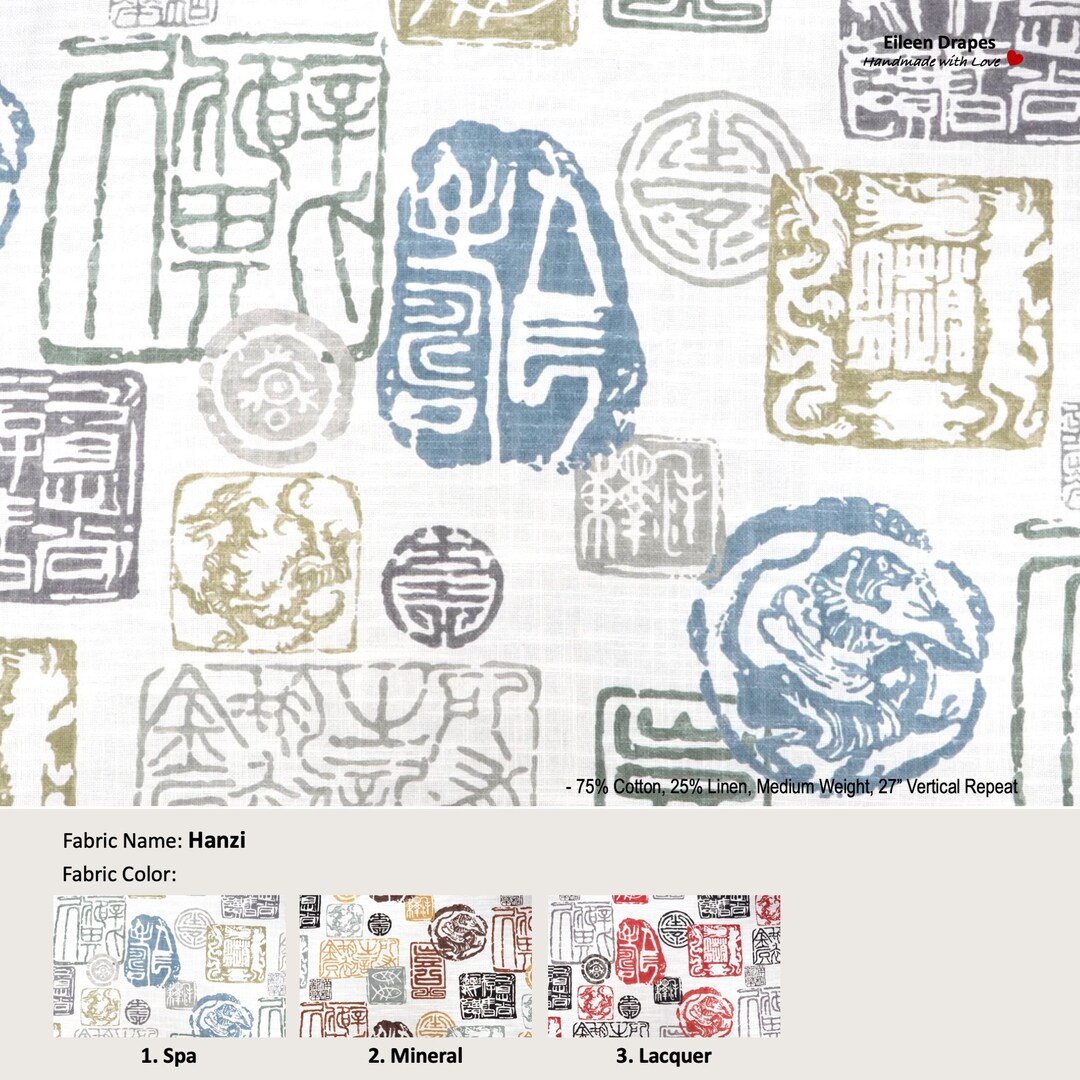 Hanzi; 3 Colors; Chinoiserie Toile; Cotton Blend Curtain, Valance ...