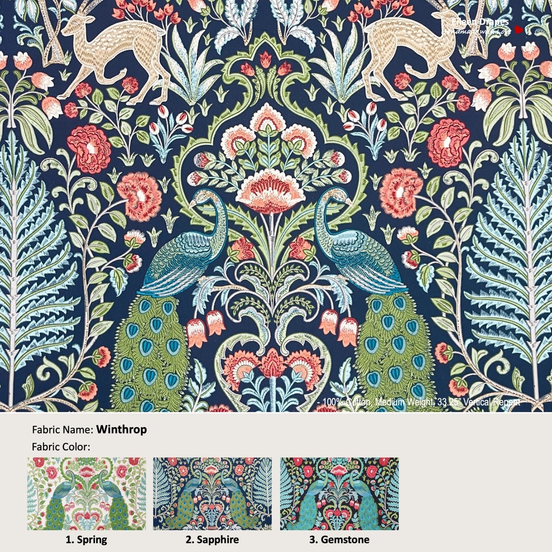 Winthrop; 3 Colors; Mughal Peacock Gazelle Deer Toile; Cotton Curtain ...