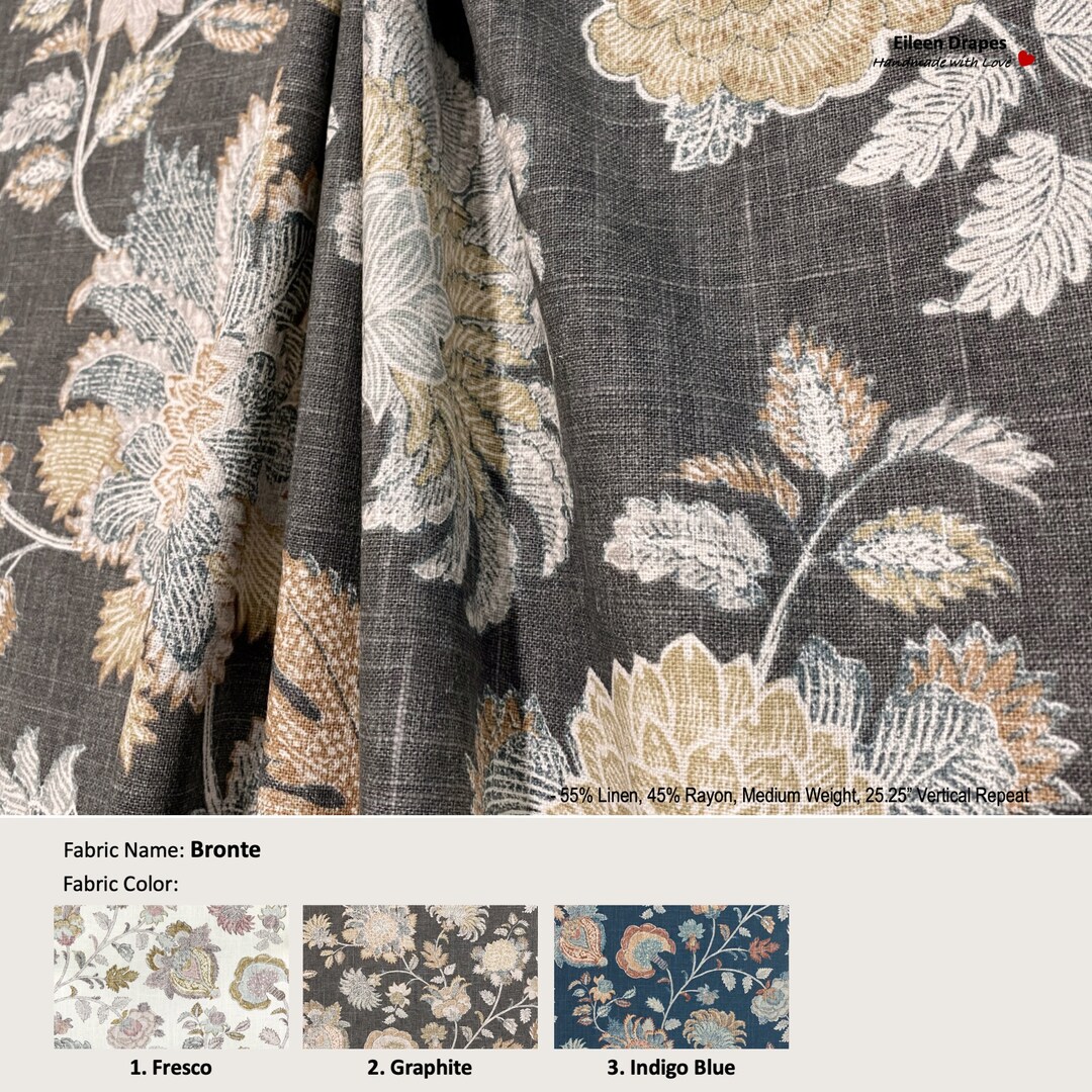 Bronte 3 Colors Fresco Graphite Indigo Blue Jacobean Floral Flower Linen Blend Curtain Pleated ...
