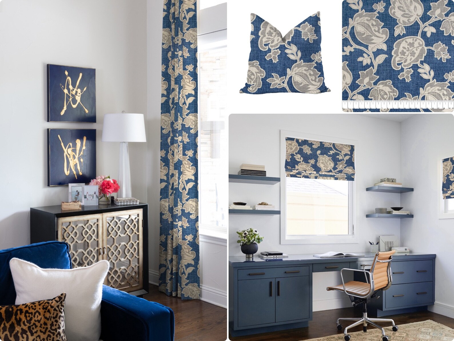 Arabella Color Yacht Blue Jacobean Floral Flower Grey - Etsy