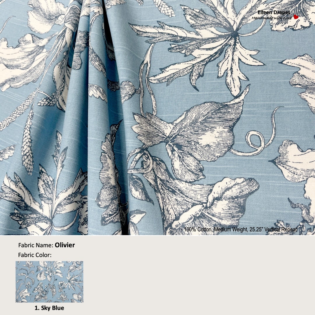 Olivier; Color Sky Blue; Rustic Floral White; Cotton Curtain, Valance ...