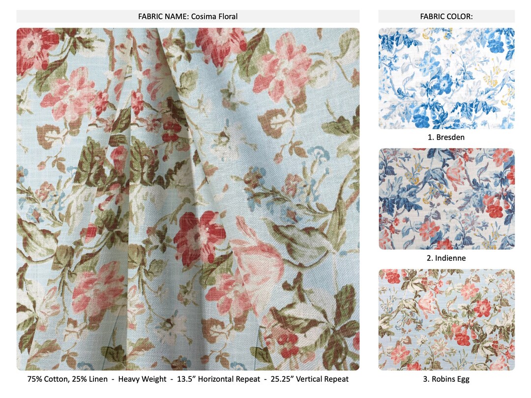 Cosima Floral 3 Color Flower Blue Red Cotton Blend Curtain - Etsy