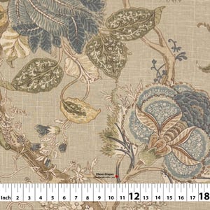 Ivana; Color Sea Glass; Jacobean Floral Flower Blue Taupe; Linen Blend ...