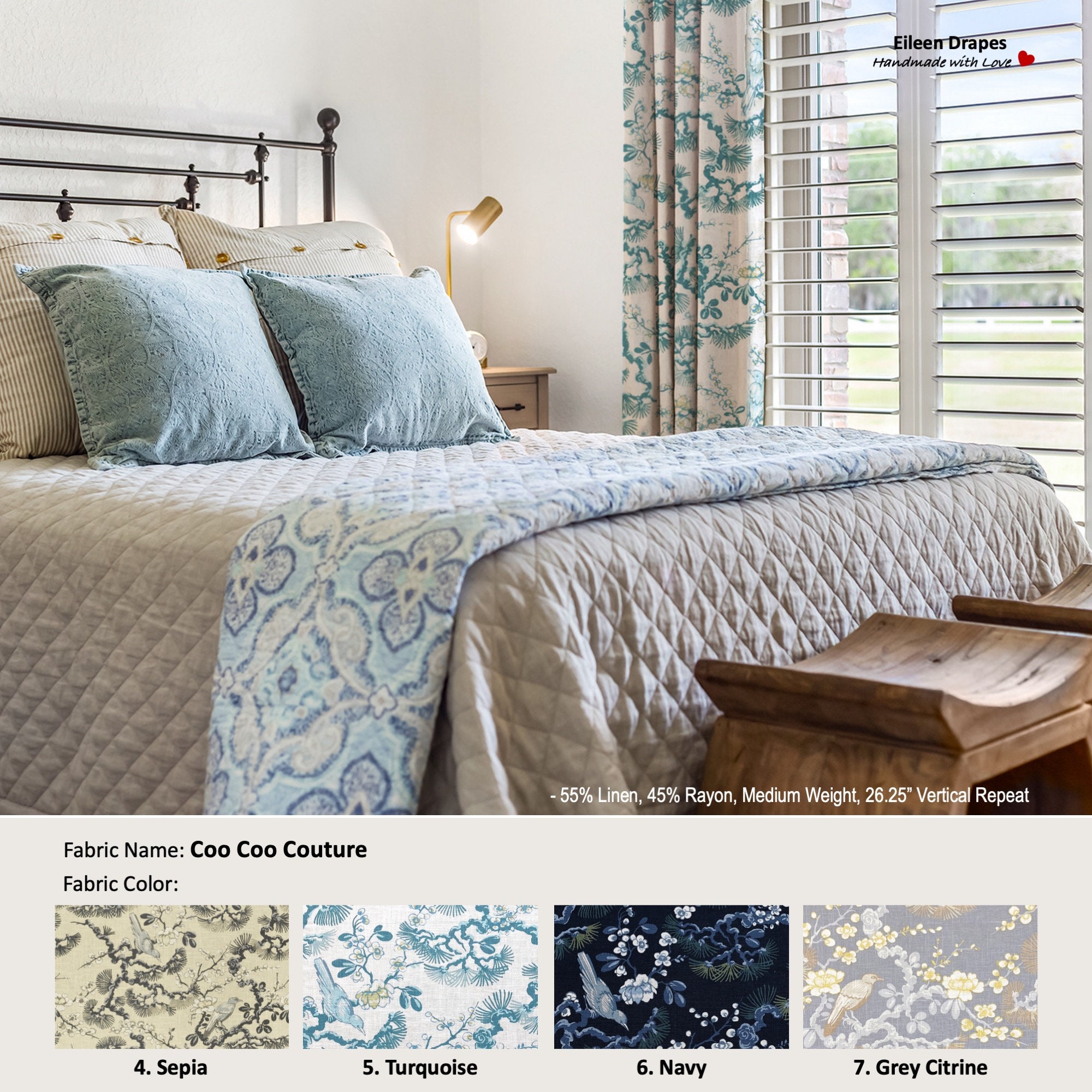 Coo Coo Couture; 7 Colors; Chinoiserie Bird Asian Pine Tree Floral ...