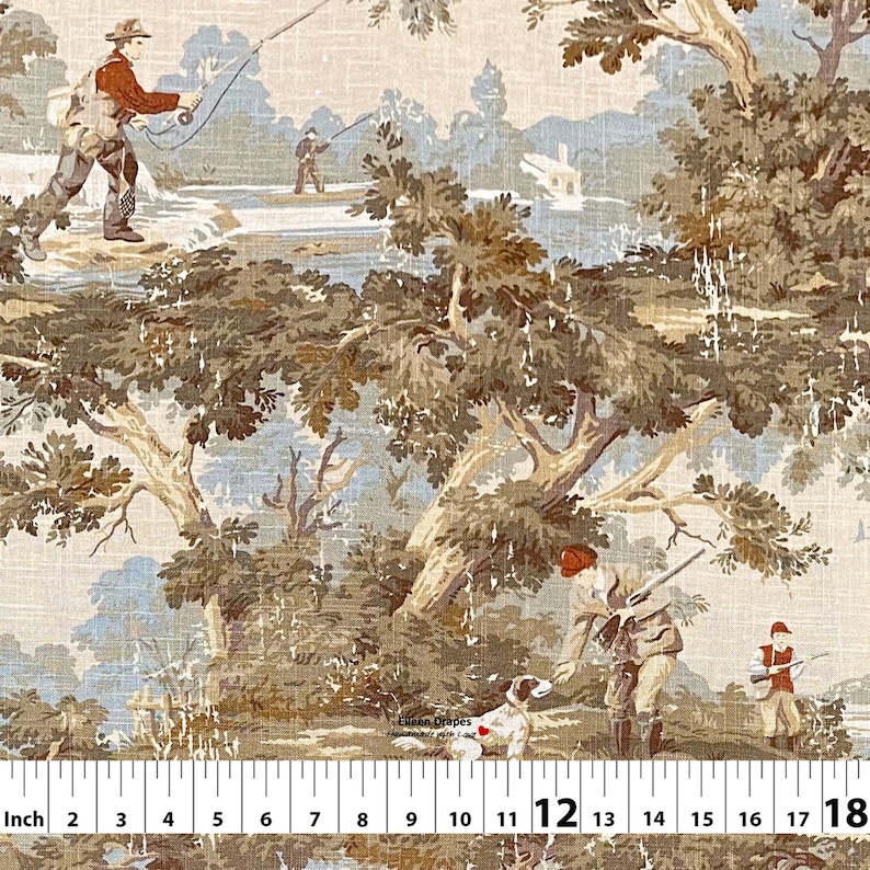 Avondale; Color Vintage; Fishing Hunting Toile; Linen Blend Curtain ...