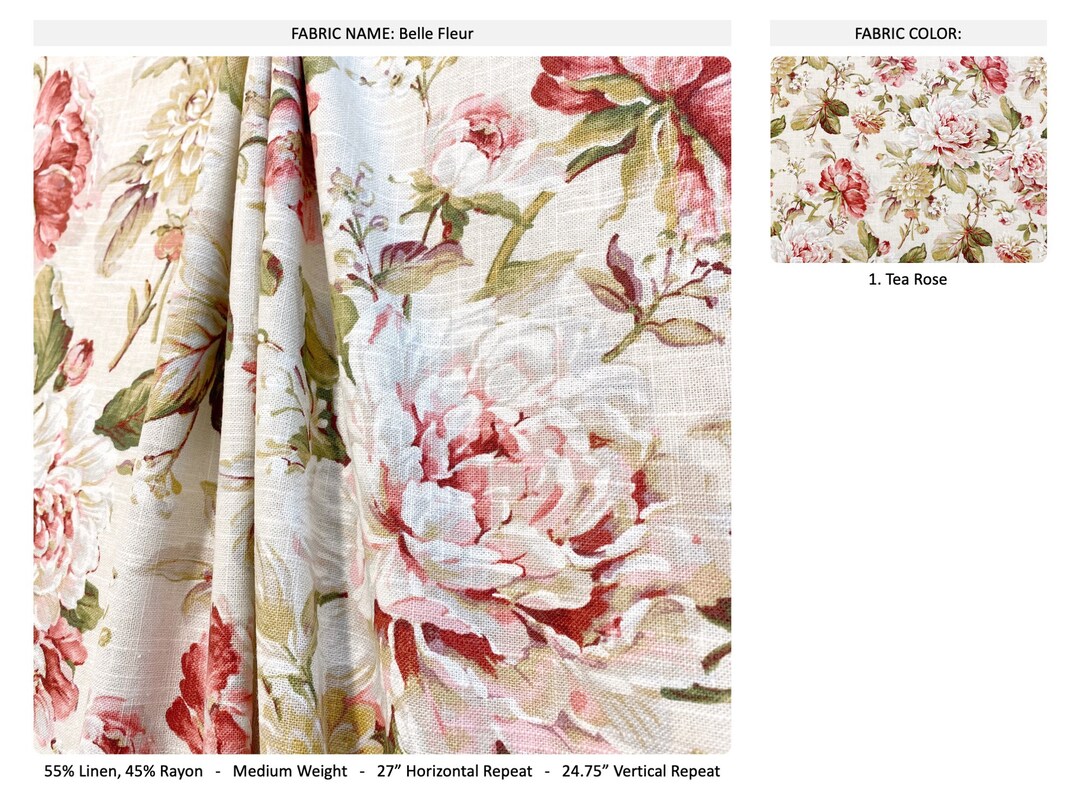 Belle Fleur Color Tea Rose Floral Flower Pink Ivory Linen Blend Curtain ...