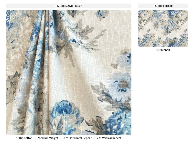 Juliet Color Bluebell Floral Flower Blue Cotton Curtain | Etsy
