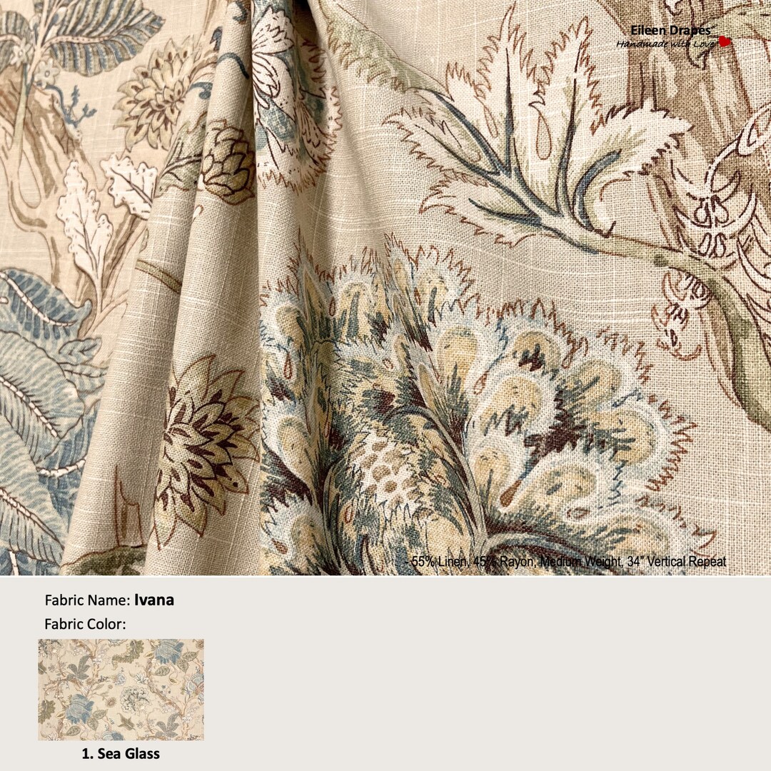 Ivana Color Sea Glass Jacobean Floral Flower Blue Taupe Linen Blend ...