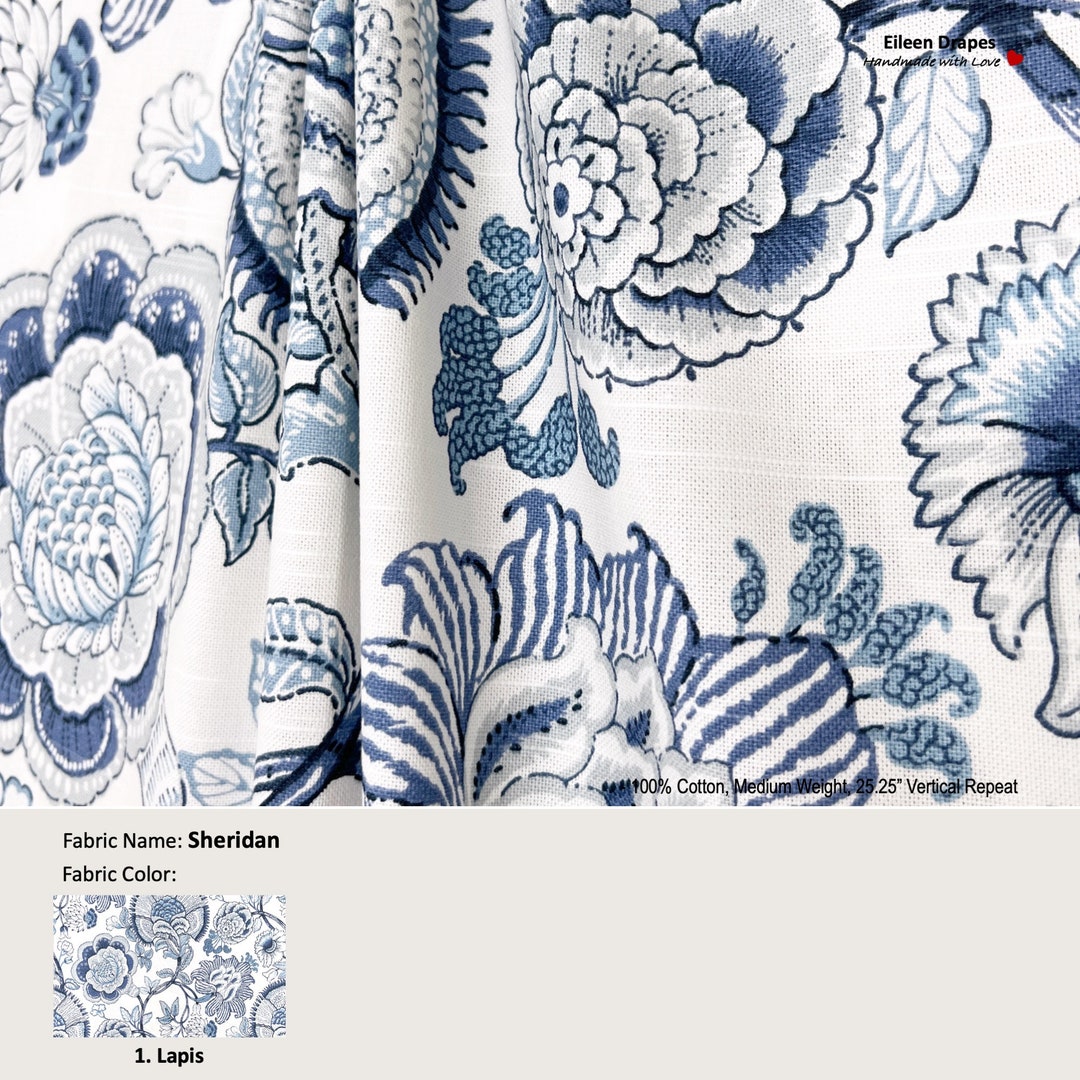 Sheridan; Color Lapis; Jacobean Floral Blue; Cotton Curtain, Valance ...