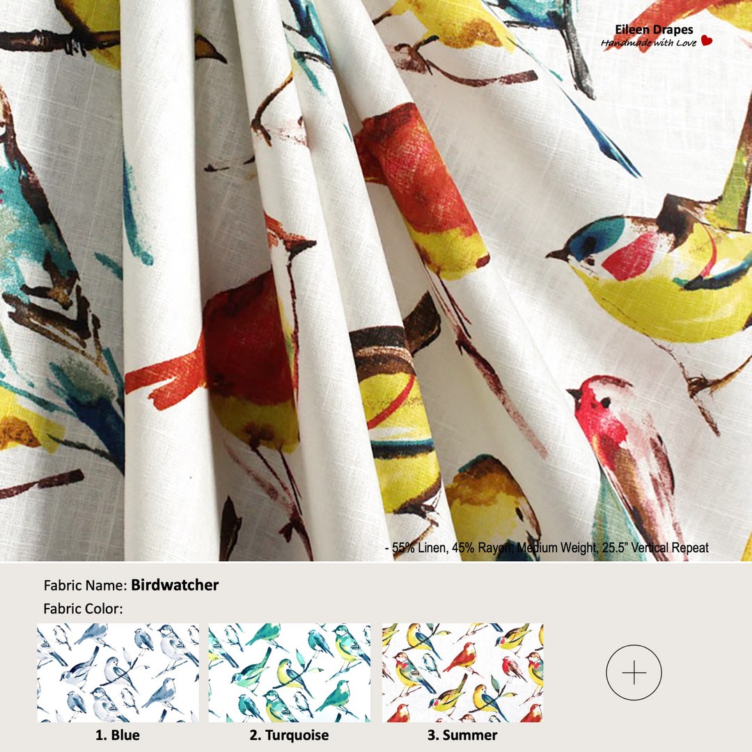 Birdwatcher 4 Colors Blue Turquoise Summer Bird Floral Linen Blend ...