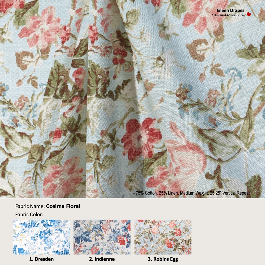 Cosima Floral; 3 Color; Flower Blue Red; Cotton Blend Curtain, Valance ...