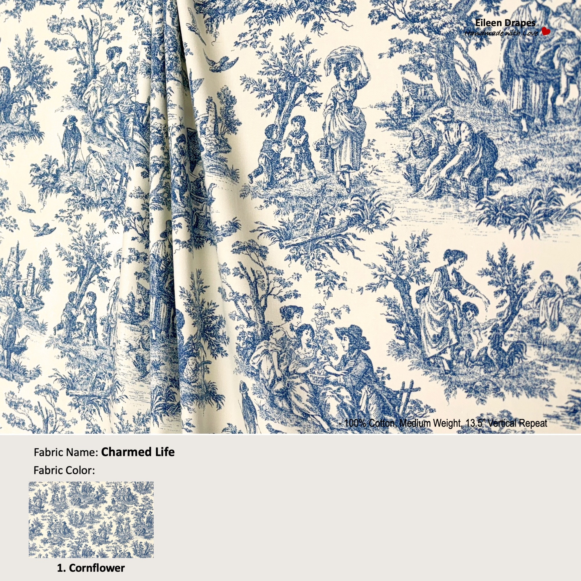 Charmed Life; Color Cornflower; French Toile Country Blue Ivory; Cotton ...