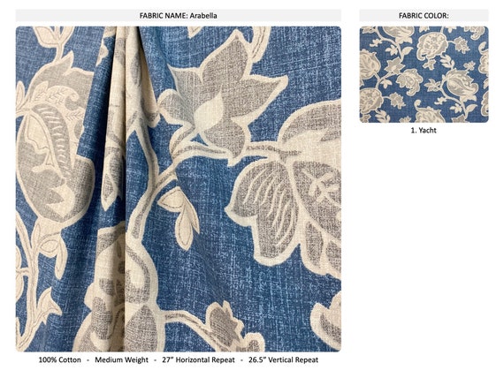 Arabella Color Yacht Blue Jacobean Floral Flower Grey - Etsy