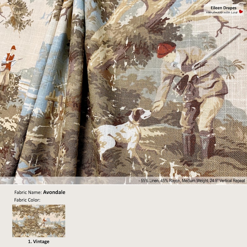 Avondale; Color Vintage; Fishing Hunting Toile; Linen Blend Curtain ...