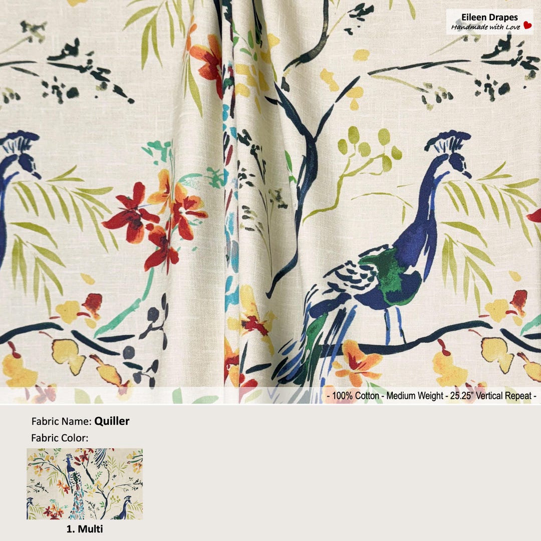 Quiller; Color Multi; Watercolor Peacock Bird Floral; Cotton Curtain ...