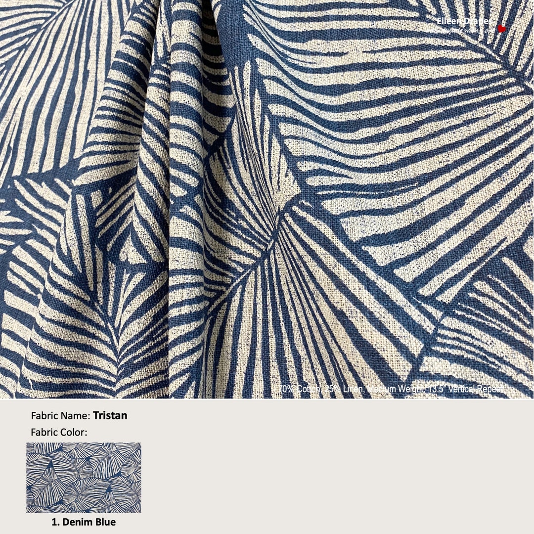 Tristan; Color Denim Blue; Contemporary Leaves; Linen Blend Curtain ...