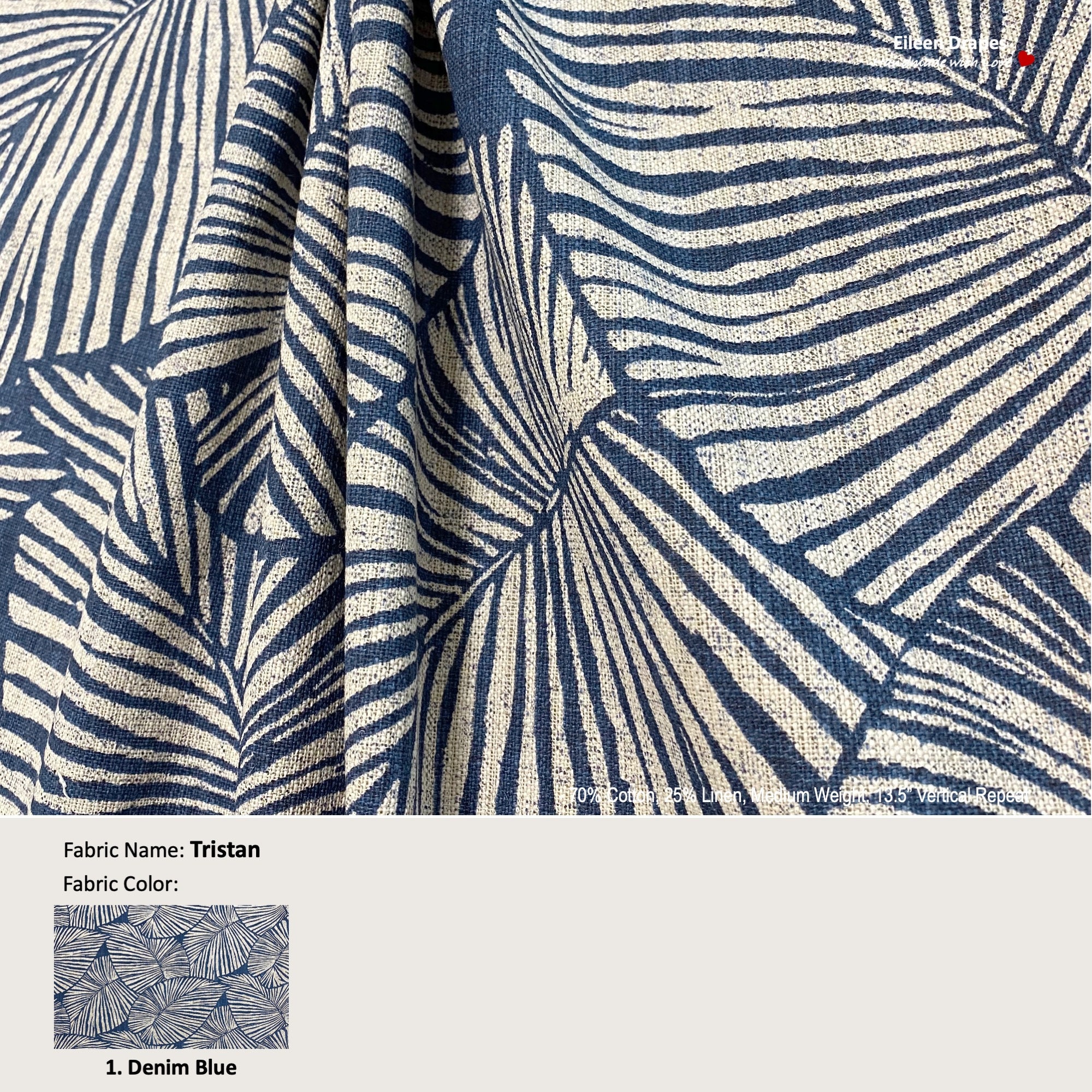 Tristan; Color Denim Blue; Contemporary Leaves; Linen Blend Curtain ...