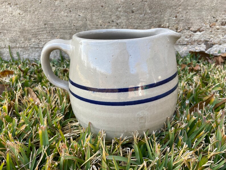 Vintage Stoneware Pitcher With Blue Bands - Etsy