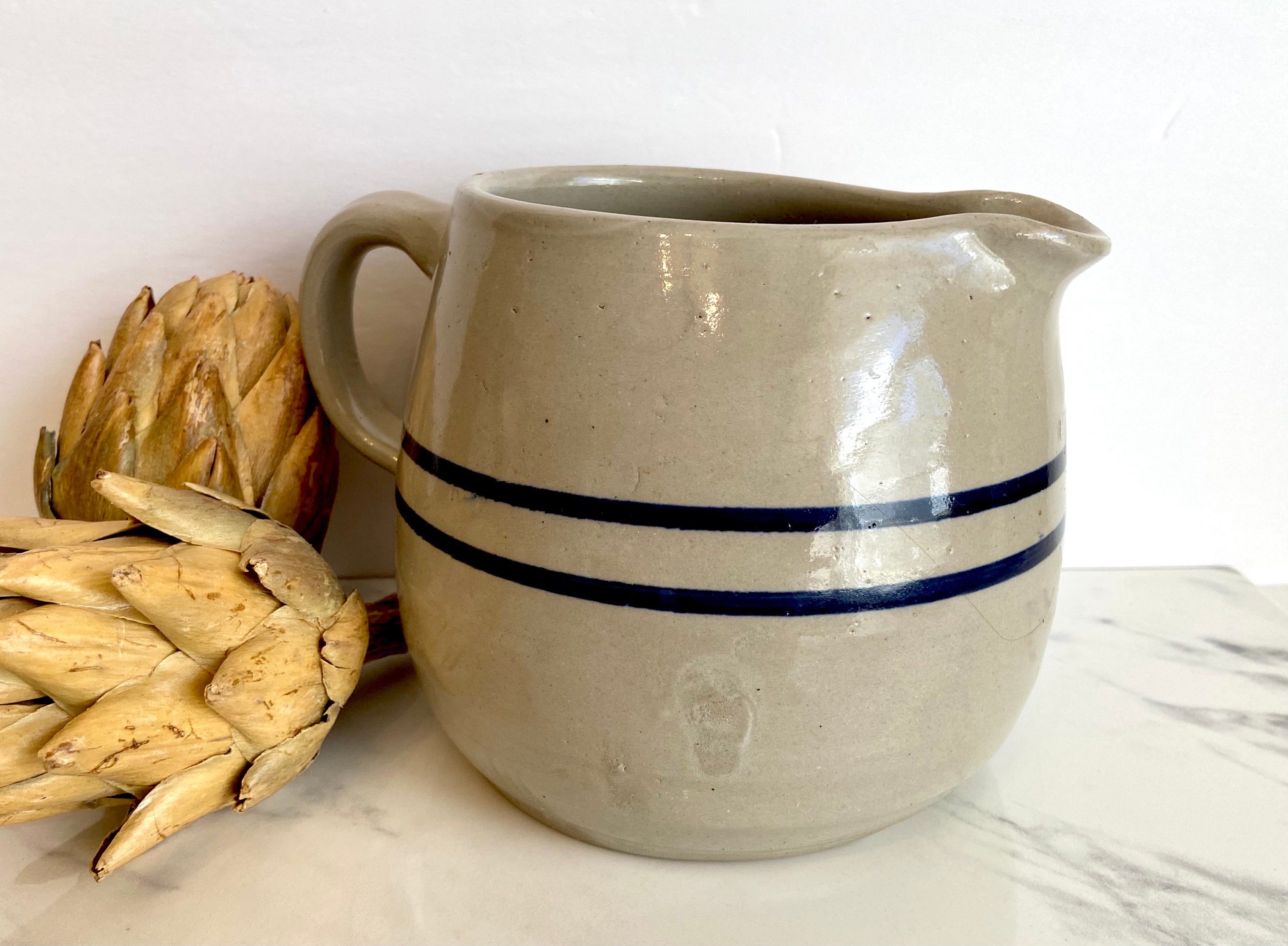Vintage Stoneware Pitcher With Blue Bands - Etsy
