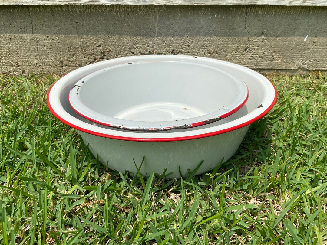 2 X-large White and Red Enamel Basins - Etsy
