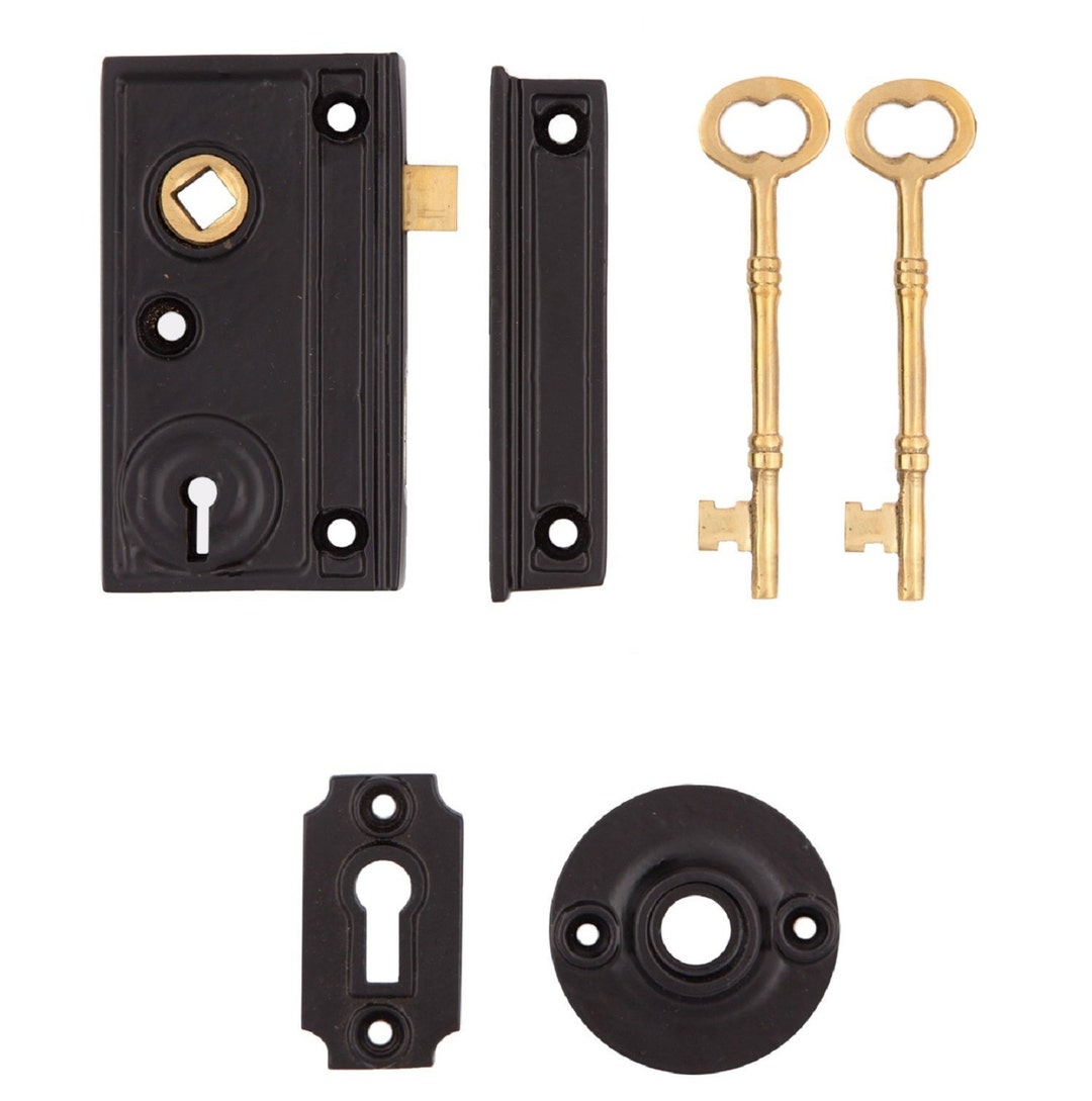 Cast Iron Narrow Rim Lock Set With Rosette, Escutcheon, & Skeleton Keys ...