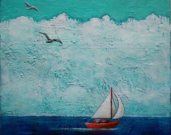 Blue sea painting sailboat painting nautical wall art | Etsy