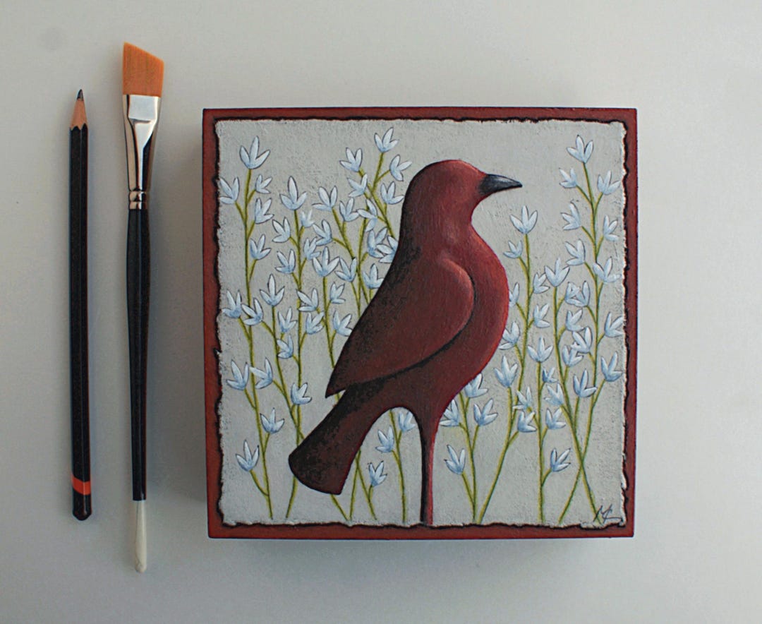 Small Original Red Bird Painting, Red Bird and Flowers Artwork ...