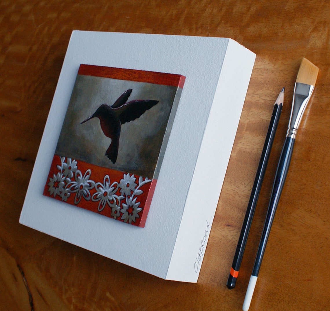 Small Original Bird Art, Hummingbird Painting, Bird Silhouette Painting ...