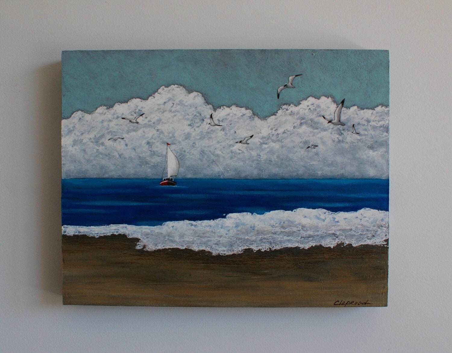 Seascape Painting, Blue Sea, Boat Painting, Ocean and Clouds, Sailboat ...