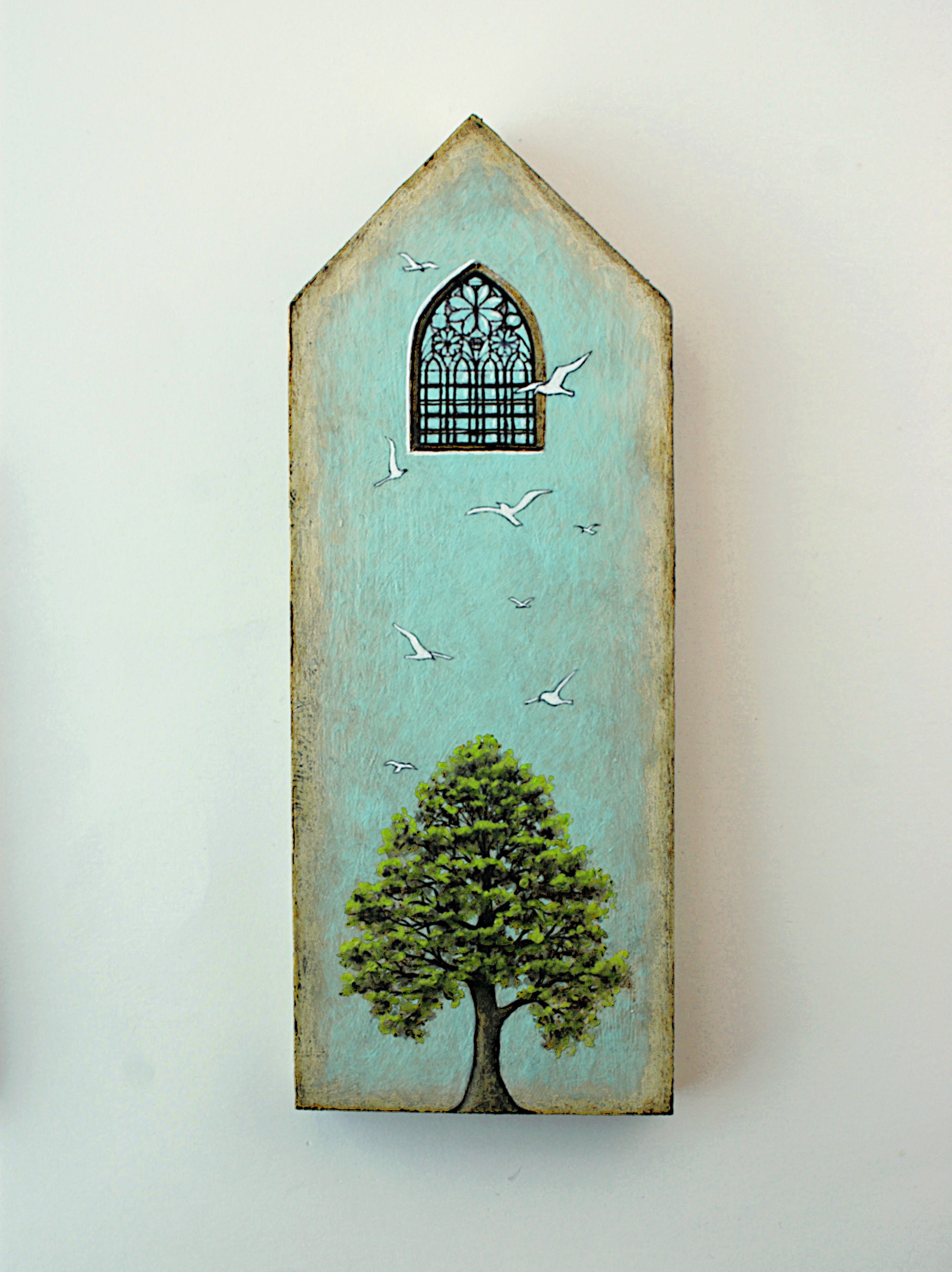 Green Tree Painting, Tree Art, Tree and Bird Painting, Small Original ...