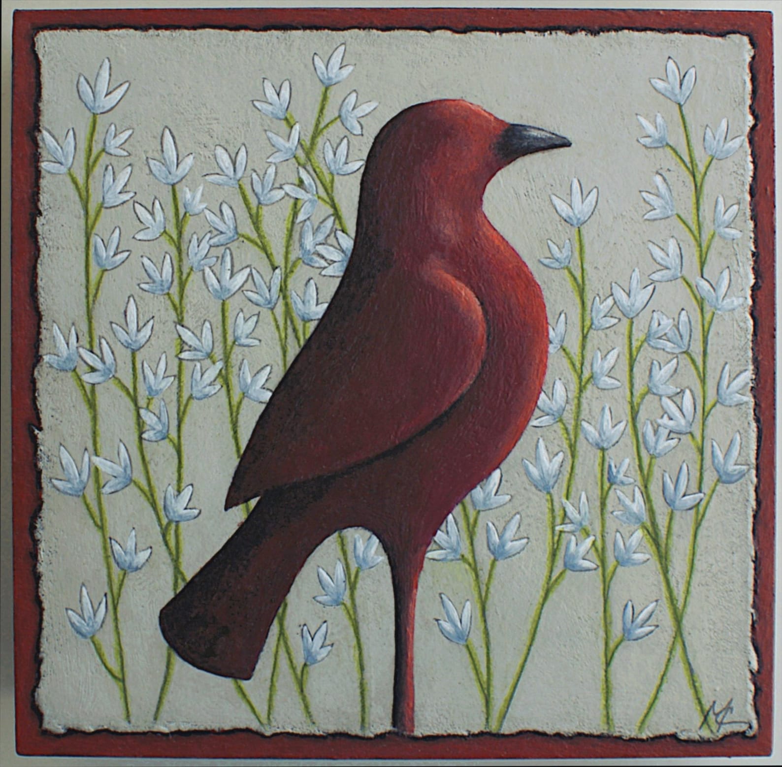 Small Original Red Bird Painting, Red Bird and Flowers Artwork ...