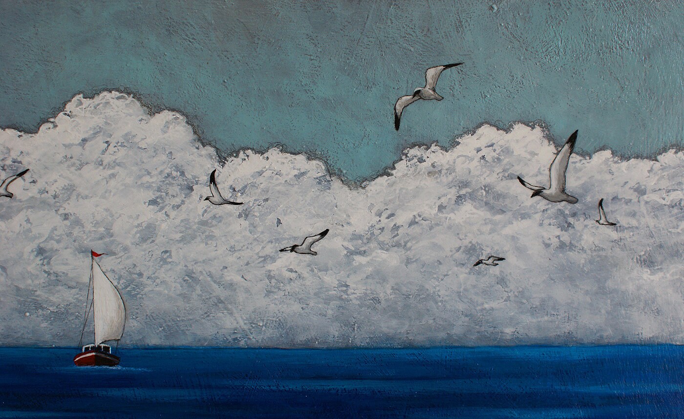 Seascape Painting, Blue Sea, Boat Painting, Ocean and Clouds, Sailboat ...