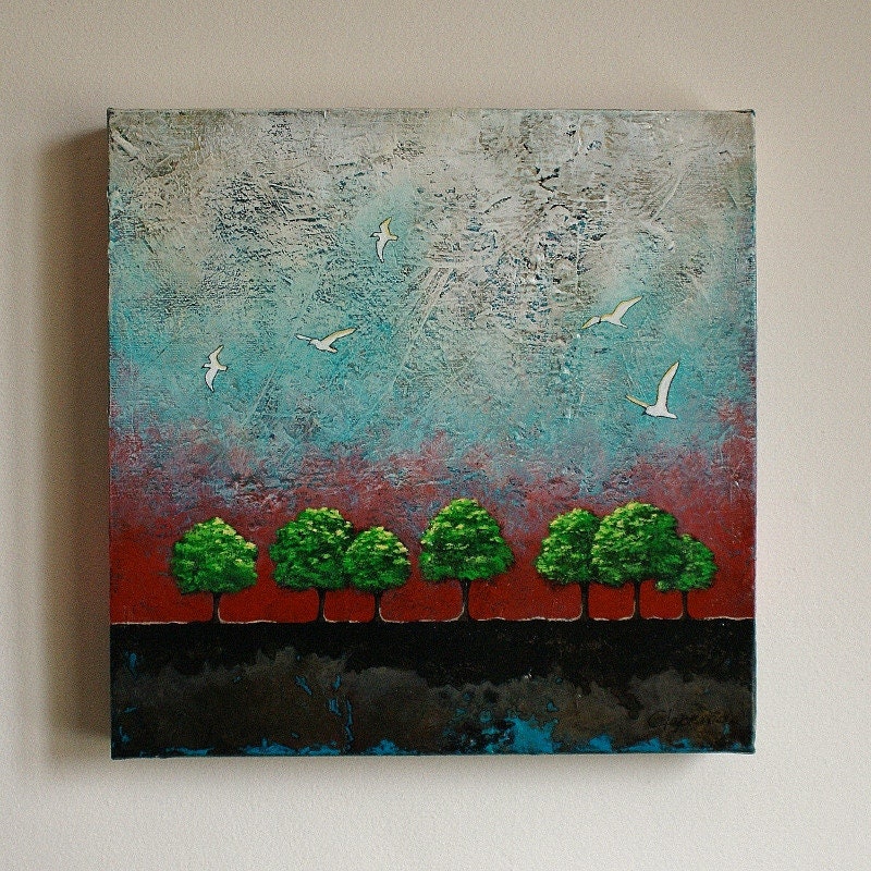 Landscape Painting, Green Tree Painting, Tree Art, Trees & White Birds ...